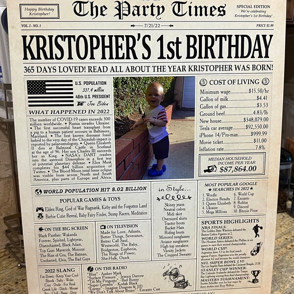 1st Birthday Newspaper Poster Sign, 1st Birthday Gift for Son or ...