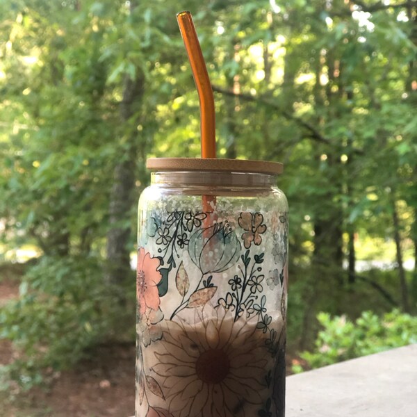 Fall Floral Glass Can Cup, Iced Coffee Cup, Smoothie Glass, Fall Cup ...