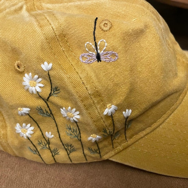 Hand Embroidery Daisy and Bee Hat, Floral Denim Cap, Baseball Cap ...