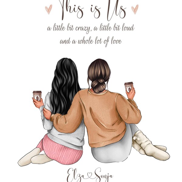 Custom Best Friends With Drinks Print | Personalized BFF Sitting ...