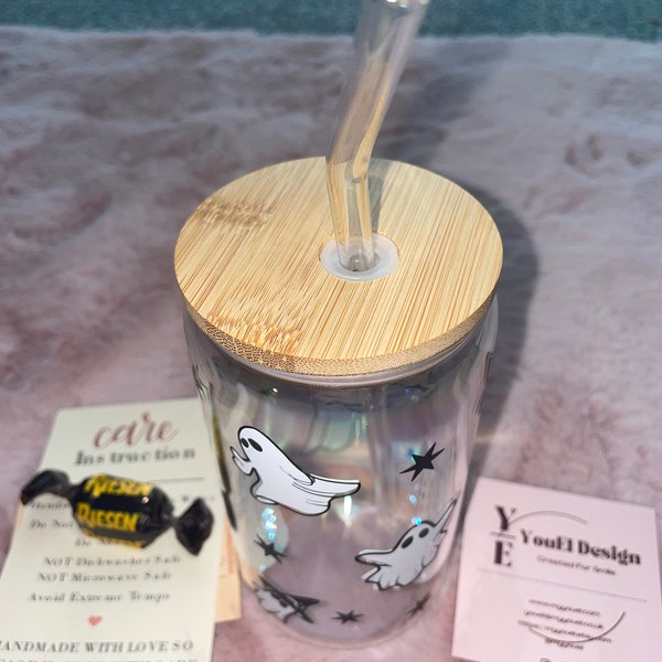 Ghost Can Glass With Bamboo Lid and Straws Halloween Can Glass 16oz Can ...