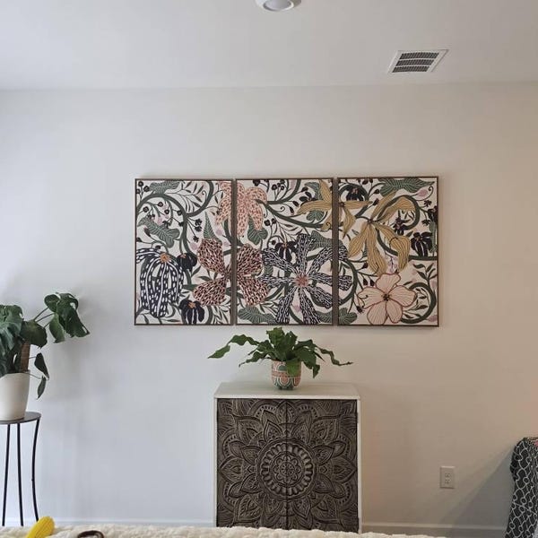 Framed Canvas Wasabi Wall Art Set of 3 Abstract Geometric Beige Japandi ...