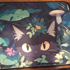 Mushroom Deskmat Anime Cat Mouse Pad Cute Dark Green XL Mousepad Cat ...