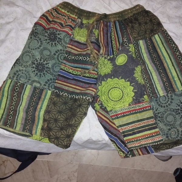 Mens Green Patchwork Cotton Shorts, Handmade Hippie Boho Style - Etsy