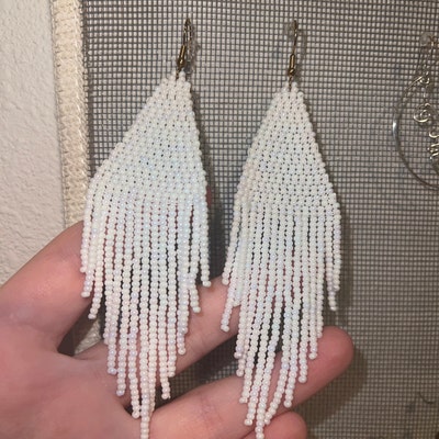 White Beaded Earrings Beads Fringe Earrings Solid White Earrings Dangle ...