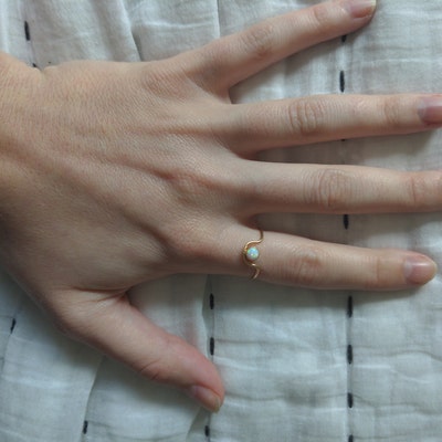 Opal Arch Ring October Birthstone Ring 14k Gold or Silver Modern Stacking Ring Small Round Opal ...