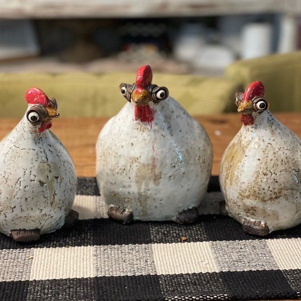 Rustic Ceramic Chicken Statue, Chicken Family Statues, Handmade Glazed ...