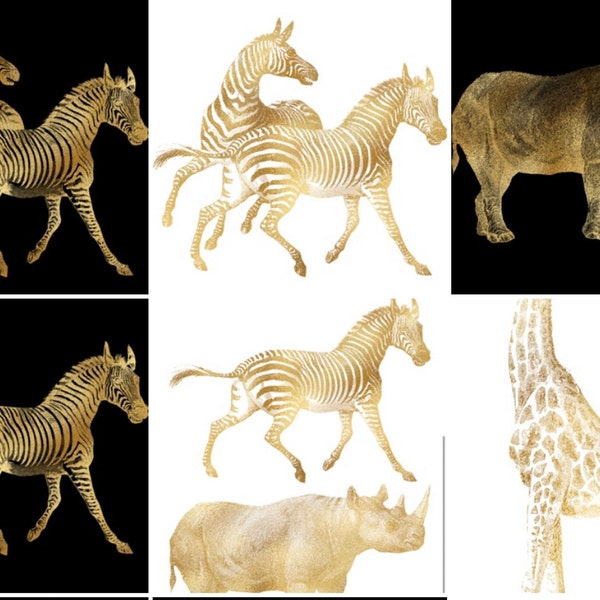 Vintage Gold African Animals Clipart, Antique Safari Illustrations, Png ...