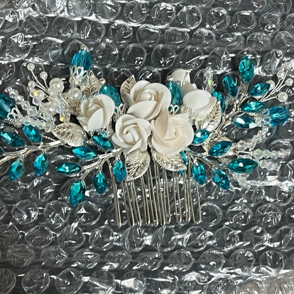 Turquoise Bridal Hair Comb With Turquoise Crystals and Flowers ...