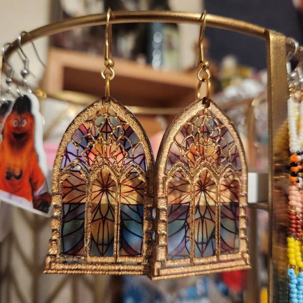 Gold Stained Glass Window Earrings Gothic Cathedral Cross Pattern - Etsy