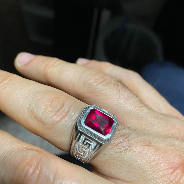 Modern Minimalist Men Rings, Silver Greek Men Rings, Signet Red Ruby ...