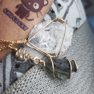 MOLDAVITE & PHENACITE NECKLACE in Real Gold Phenakite 12 Kt Genuine ...
