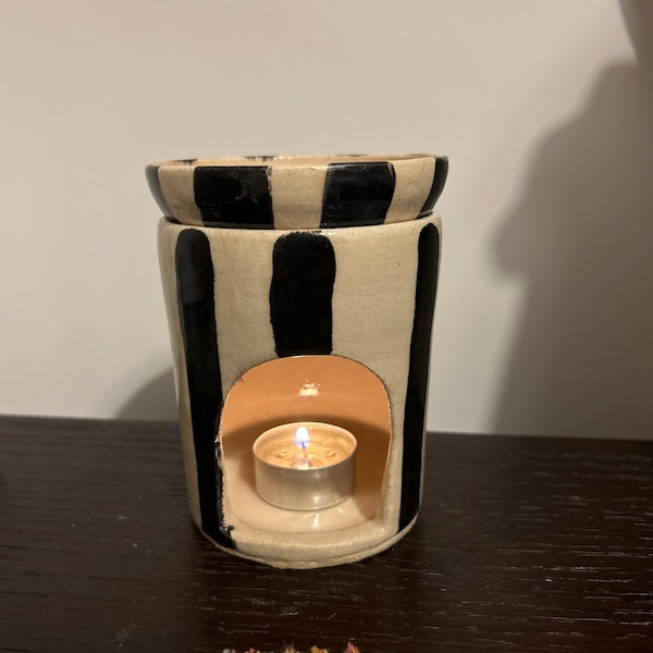 Stripe Ceramic Wax Burner, Ceramic Oil Burner, Handmade Black Pot ...