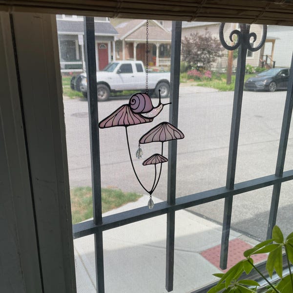 Mushrooms With Snail Stained Glass Window Hangings. Pink Suncatcher ...
