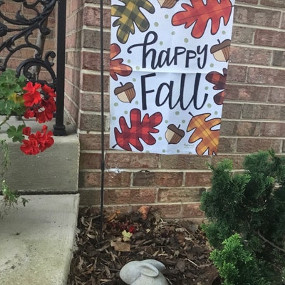 Happy Fall Garden Flag DOUBLE SIDED Ready to Ship Plaid Leaves Harvest ...