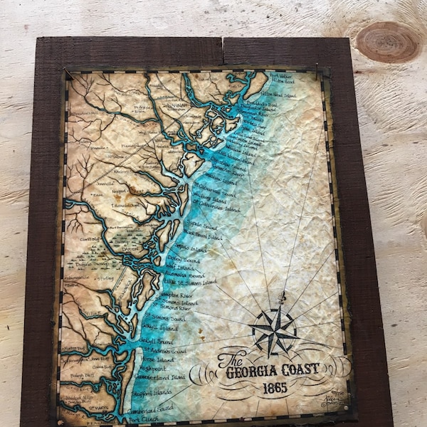 Georgia Coast Map Art C. 1865, 11" X 14" +, Hand Drawn, Georgia Map ...