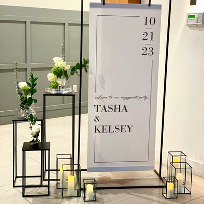 Wedding Welcome Sign With Stand, Metal Stand, Black and White Curtain ...