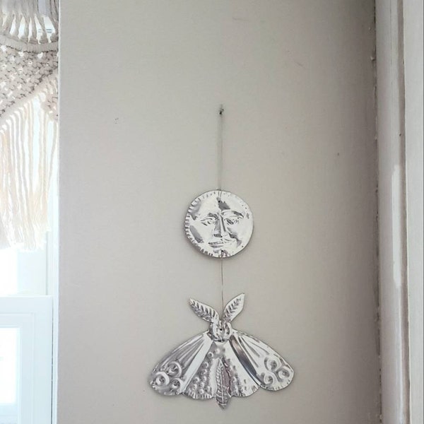 Moon and Moth Handmade Embossed Tin Wall Hanging, Handmade Folk Art ...