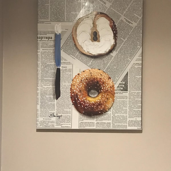 Bagel Painting Impasto Painting Original Acrylic Paining Newspaper Art ...