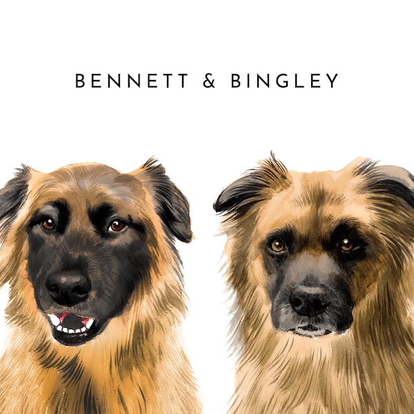 Two Pet Watercolor Portrait, Dog Painting Custom From Photo, Pet ...