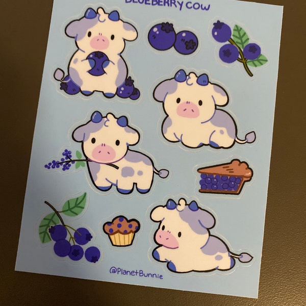 Blueberry Cow Sticker Sheet - Cute Cottagecore Aesthetic Stationery ...
