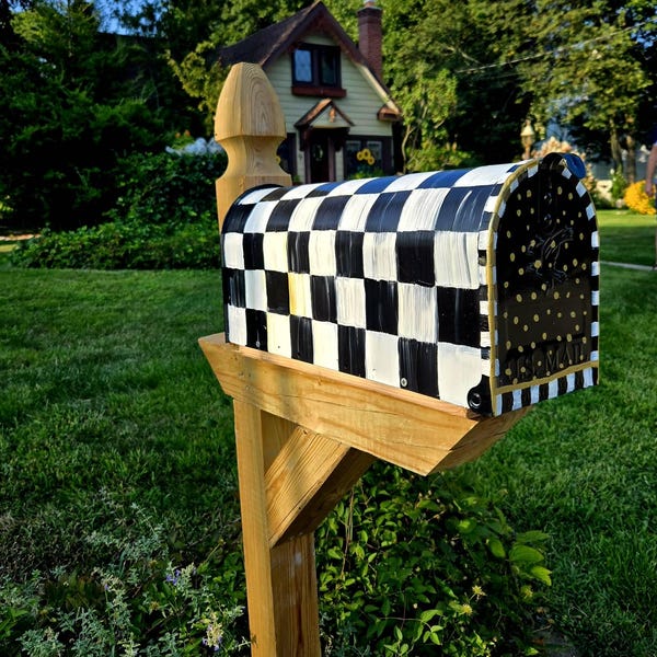 Custom Hand Painted Mailbox/ Black and White Checks With Gold Accents ...