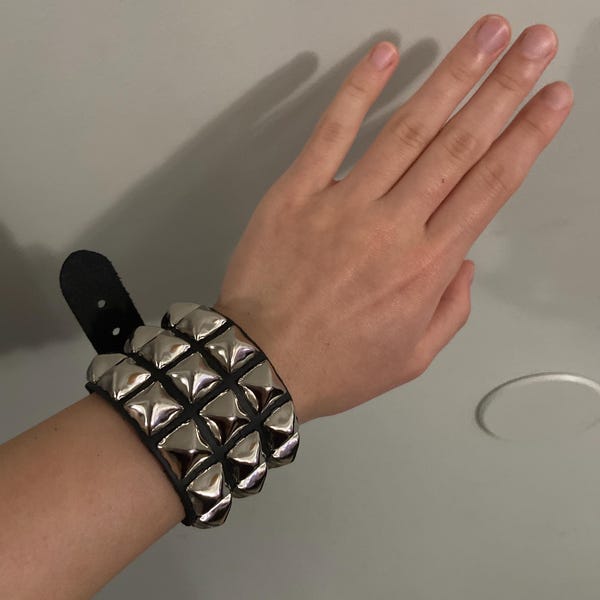 Black Studded Punk Studded Genuine Lather Bracelet Pyramid Steel Stud ...
