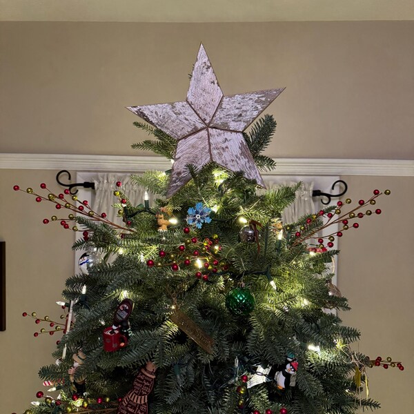 White Wood Star Christmas Tree Topper Decoration 12” Star Tree Topper ...