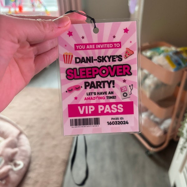 Personalised Pink Sleepover Slumber Party Style VIP Pass & Lanyard ...