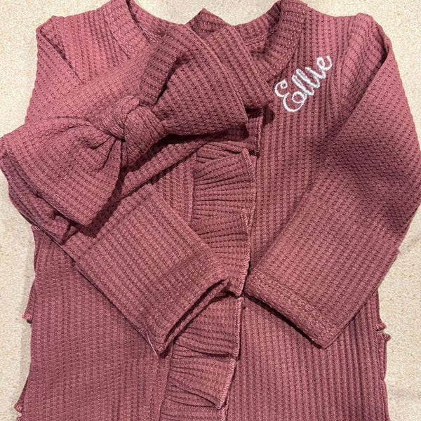 Baby Name Newborn Waffle Knit Ruffled Footie With Bow - Baby Girl ...