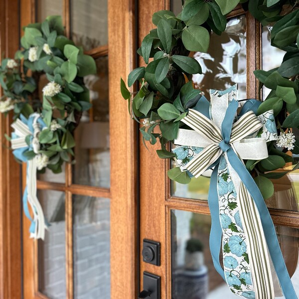 Fall Pumpkin Bow in Smoke Blue Ivory and Moss Green for Wreaths ...