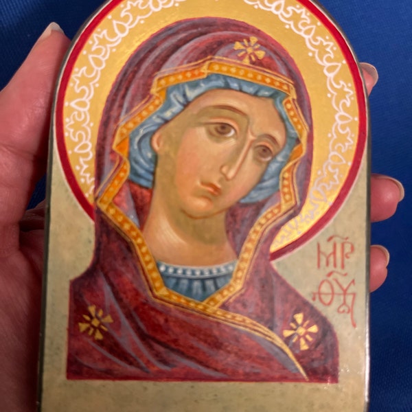 Theotokos, Mother of God - Hand Painted Icon in Traditional Byzantine Style, Natural Pigments in ...
