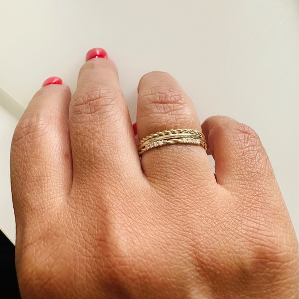 Stackable Diamond Ring / 14k Gold Twisted Rope Diamond Ring / Diamond ...