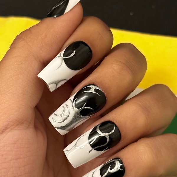 Emo Goth Press on Nails: Black & White French Tip With Silver Chrome - Etsy
