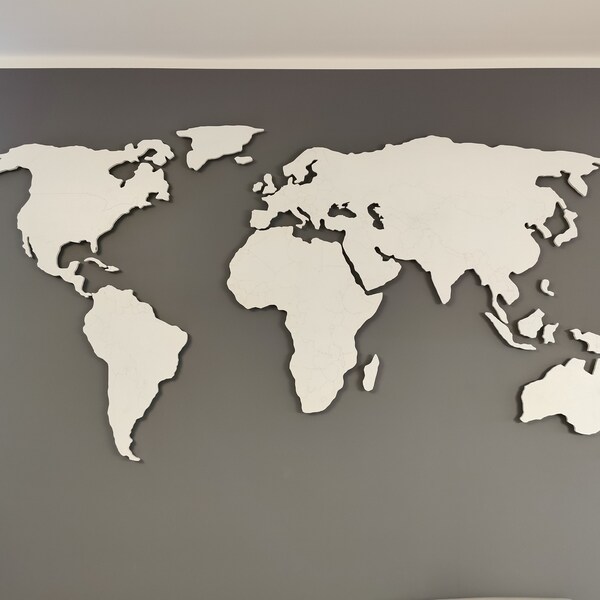 3D Wooden World Map XL With Engraved Country Borders, Floating on the ...