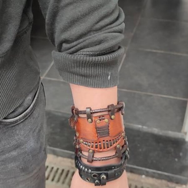 Wide Black Bronze Steampunk Leather Bracelet, Wrap Alchemist Potion Bracer, Genuine Leather ...