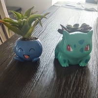 Bulbasaur pintado y maceteros extraños con suculentas/cactus vivos Dos ...