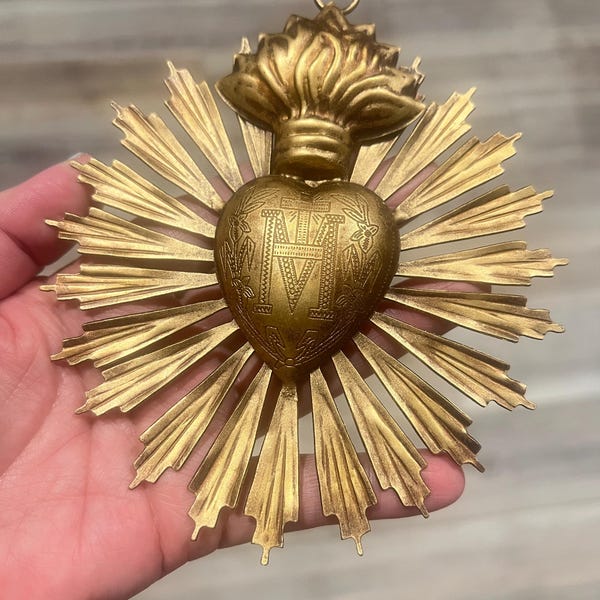 Sacred Heart, Red Center With Rustic Crystals, Catholic Heart, Exvoto ...