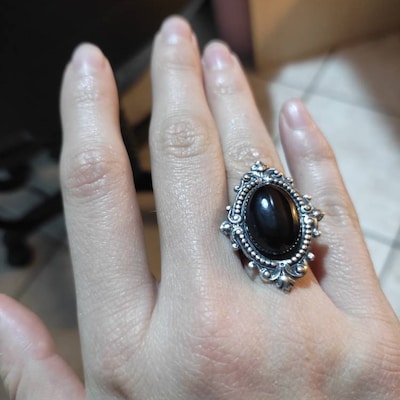 Victorian Gothic Ring Black Onyx Gemstone Ornate Filigree Steampunk ...