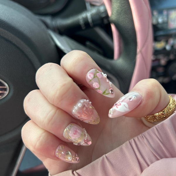 Weding Nails,custom Hand Painted Acrylic Nails, Rabbit Nails, 3D Press ...