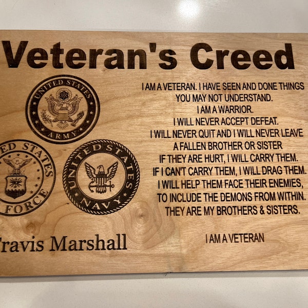 Laser Engraved Veteran Creed Plaque: Military Wall Art, Wood Sign - Etsy