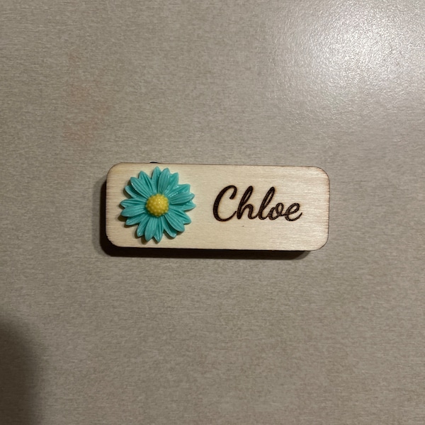 Personalised Wooden Name Badge With 3D Flower, Magnetic or Pin Name Tag ...