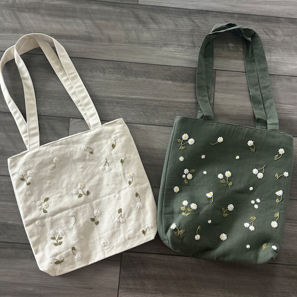 Hand Embroidered Daisy Linen Bag, Cute Small White Daisies Embroidery ...