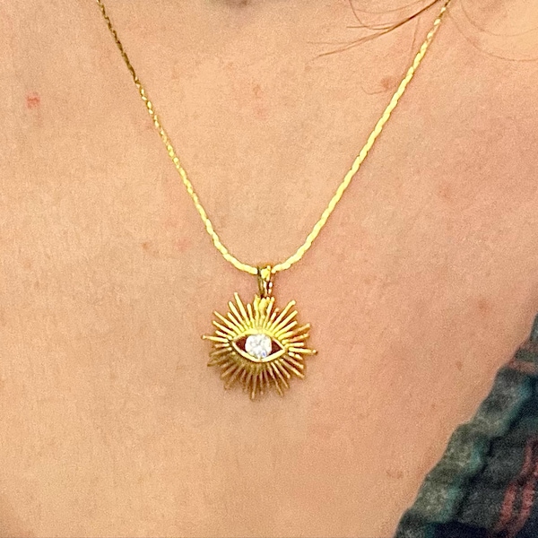 Gold Plated Dainty Evil Eye Sun Pave Necklace, Protector Necklace, Tiny ...