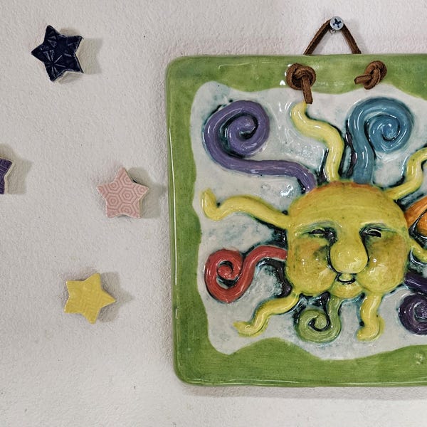 Happy Handcrafted Ceramic Sun Face, Decorative Tile, Whimsy Garden ...
