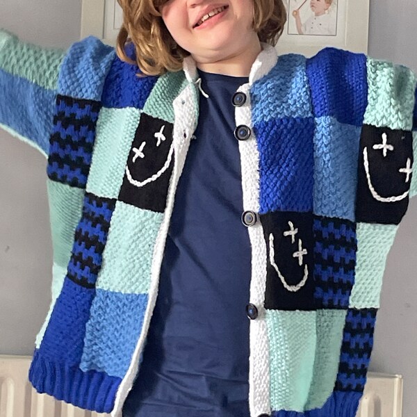 Patchwork Oversized Cardigan Hand Knitted Blue&gray Cardigan - Etsy