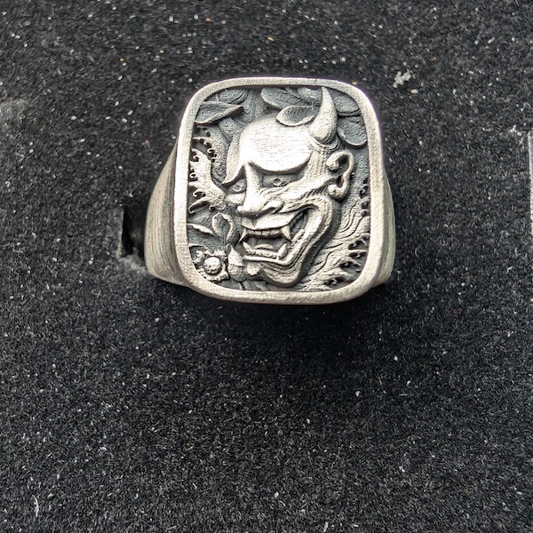 Oni Japanese Art Mens Ring in Silver, Demon Engraved Signet Ring for Men, Hannya Mask Devil Ring ...