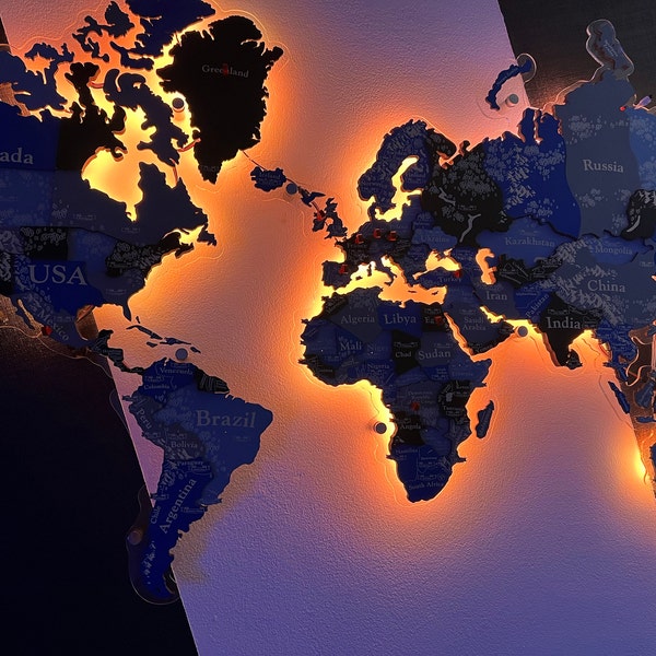 World Map With LED Lighting, Wooden Push Pin Map, 3D Led Backlight Map ...