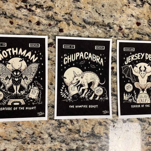 Set of 3 Cryptid Art Prints, Mothman, Chupacabra, Jersey Devil Cryptid Poster, Horror Prints ...