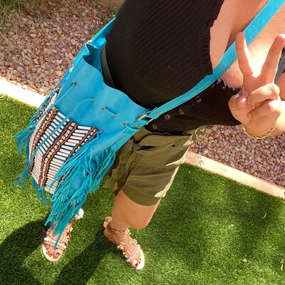 Boho Leather Bag, Turquoise Fringe Purse, Large Size, Crossbody Bag - Etsy